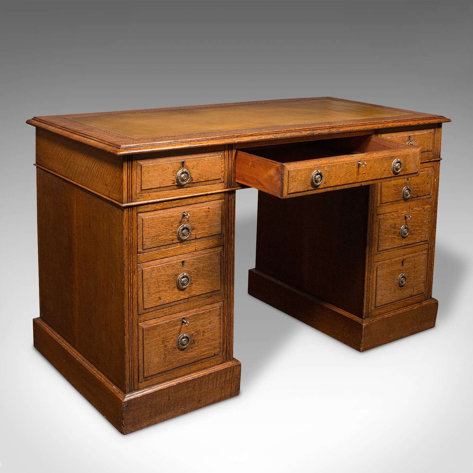 Antique Pedestal Desk English Oak Leather Nine Drawer Edwardian Circa 1910 The Hoarde Vintage