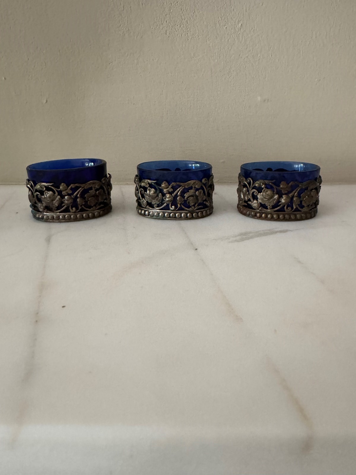 Set Of Three Small French 19Th Century Blue Cobalt Salt Cellars - The ...