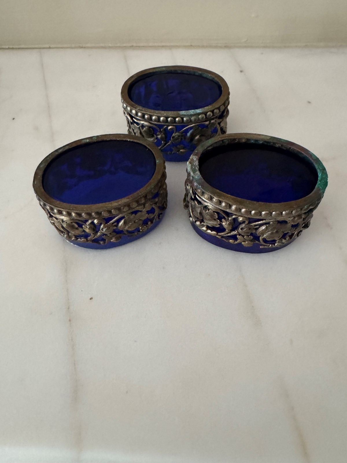 Set Of Three Small French 19Th Century Blue Cobalt Salt Cellars - The ...